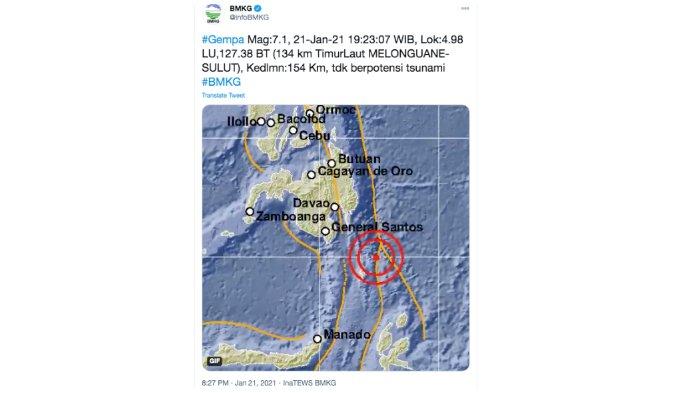 BMKG: Gempa Bumi 7,1 SR Melonguane Sulut Tak Potensi Tsunami, Terasa di Manado, Gorontalo ...