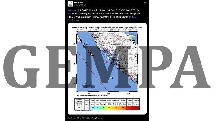 Gempa Magnitudo 4,7 Guncang Wilayah Bengkulu Pagi Ini, Berpusat di Laut - Tribunmanado.co.id