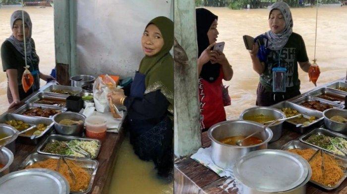 Tak Perduli Banjir, Ibu ini Santai Berjualan Layani Pembeli, Warung Terendam Air Sepinggang ...