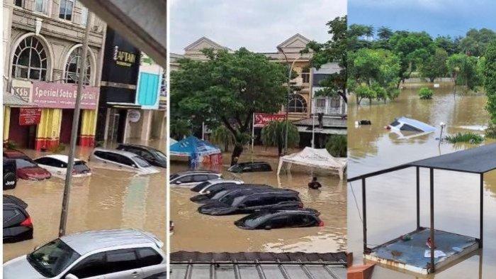 PENAMPAKAN Mobil-mobil Terendam Banjir di Bekasi, Pengendara SUV Terseret Arus karena Nekat ...