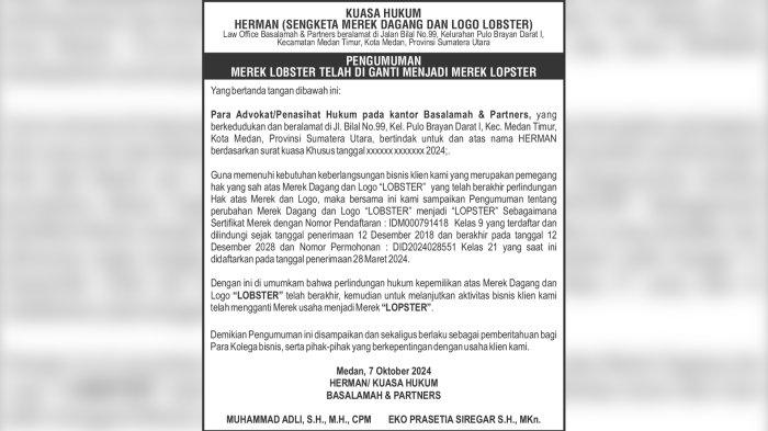 Pengumuman Merek Lobster Telah di Ganti Menjadi Merek Lopster - Tribun ...