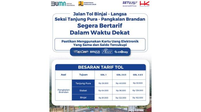Jalan Tol Binjai-Langsa Seksi Tanjung Pura-Pangkalan Brandan Resmi Bertarif, Ini Besarannya ...