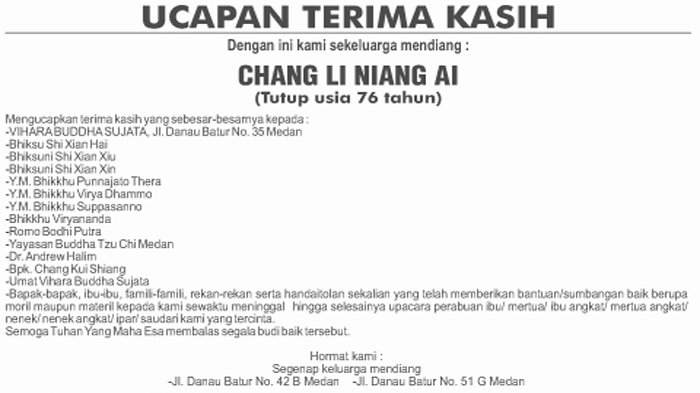 Ucapan Terima Kasih dari Keluarga Mendiang Chang Li Niang Ai - Tribun ...