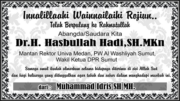 BERITA DUKACITA: Telah Berpulang ke Rahmatullah Dr H Hasbullah Hadi SH MKn - Tribun-medan.com