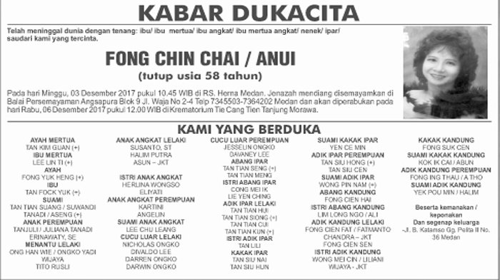 BERITA DUKACITA: Telah Meninggal dengan Tenang Fong Chin Chai - Tribun-medan.com