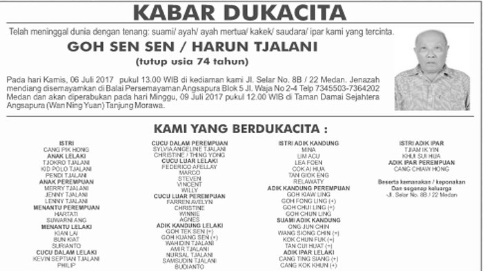 BERITA DUKACITA: Telah Meninggal dengan Tenang Goh Sen Sen - Tribun ...