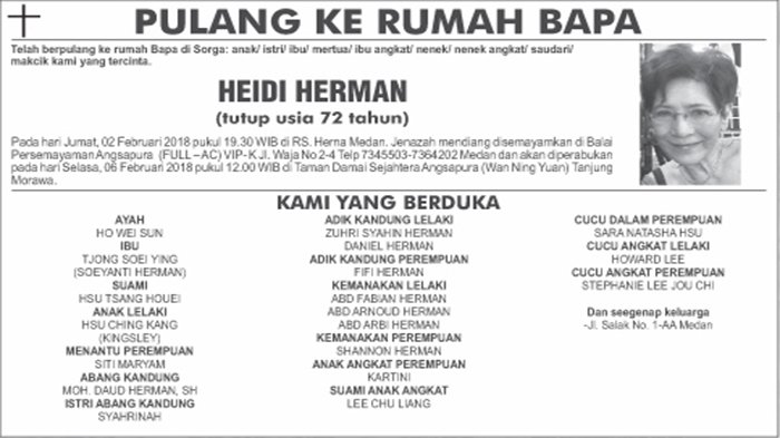 BERITA DUKACITA: Telah Pulang ke Rumah Bapa Heidi Herman - Tribun-medan.com