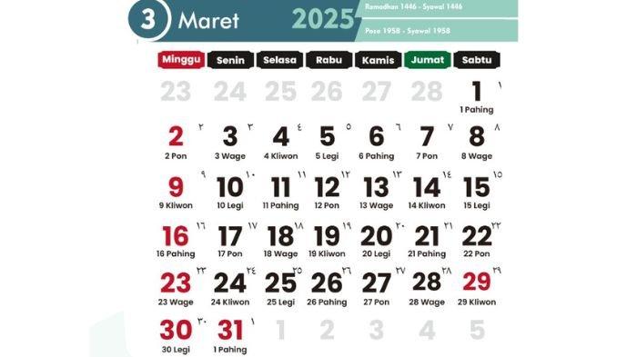 Kalender Maret 2025 Beserta Jadwal Libur Sekolah Bulan Puasa Ramadhan dan Tanggal Merah - Tribun ...