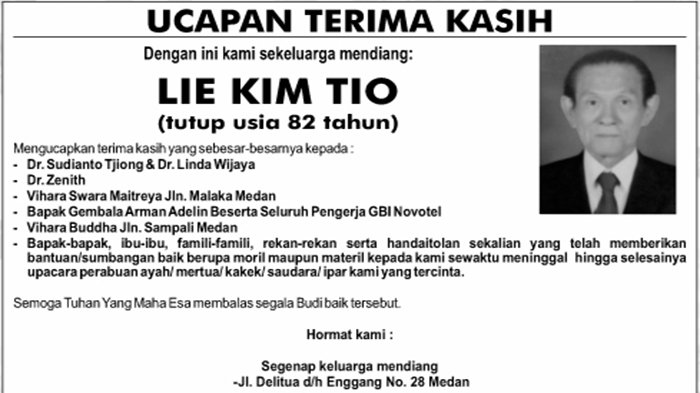 Ucapan Terima Kasih dari Keluarga Mendiang Lie Kim Tio - Tribun-medan.com