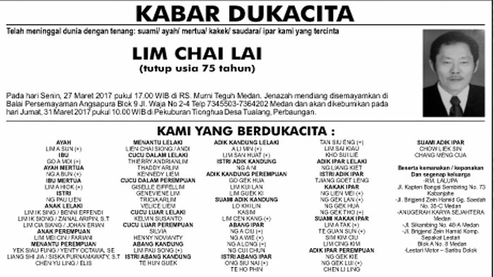 BERITA DUKACITA: Telah Meninggal dengan Tenang Lim Chai Lai - Tribun ...