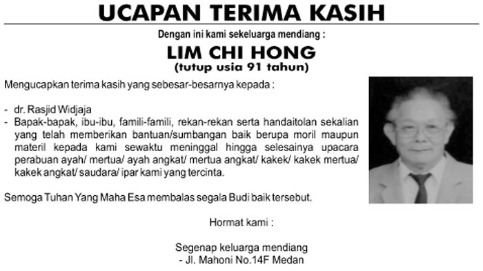Ucapan Terima Kasih dari Keluarga Mendiang Lim Chi Hong - Tribun-medan.com