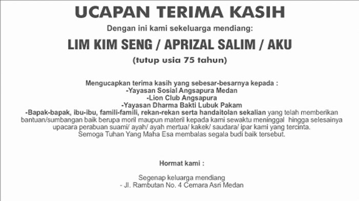 Ucapan Terima Kasih dari Keluarga Mendiang Lim Kim Seng - Tribun-medan.com