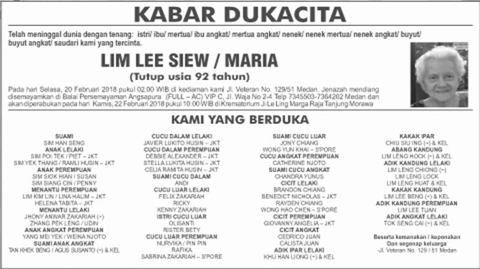 BERITA DUKACITA: Telah Meninggal dengan Tenang Lim Lee Siew - Tribun ...
