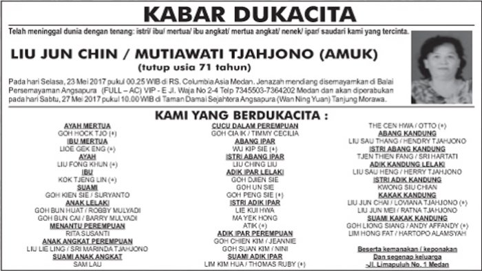 BERITA DUKACITA: Telah Meninggal dengan Tenang Liu Jun Chin - Tribun ...