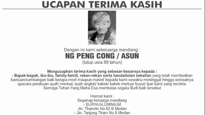 Ucapan Terima Kasih dari Keluarga Mendiang Ng Peng Cong - Tribun-medan.com