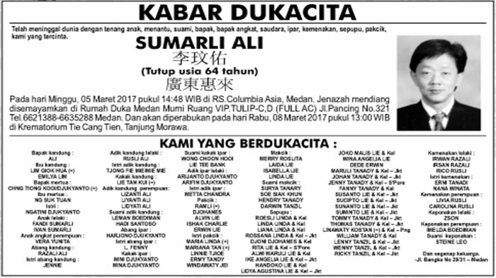 BERITA DUKACITA: Telah Meninggal dengan Tenang Sumarli Ali - Tribun ...