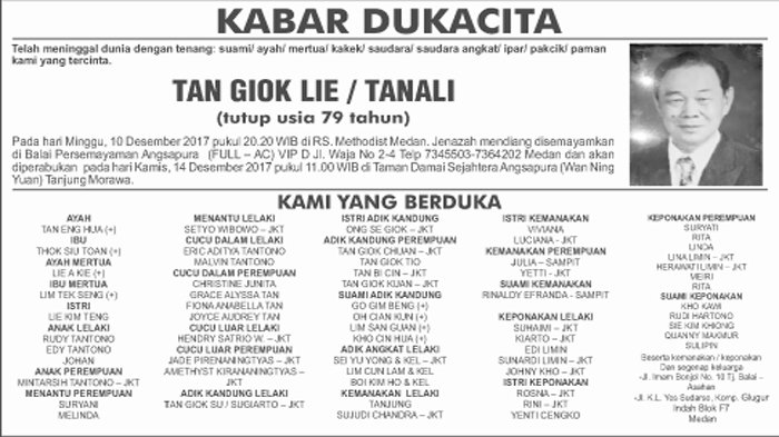 BERITA DUKACITA: Telah Meninggal dengan Tenang Tan Giok Lie - Tribun-medan.com