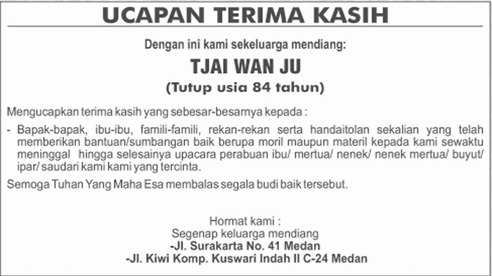 Ucapan Terima Kasih dari Keluarga Mendiang Tjai Wan Ju - Tribun-medan.com