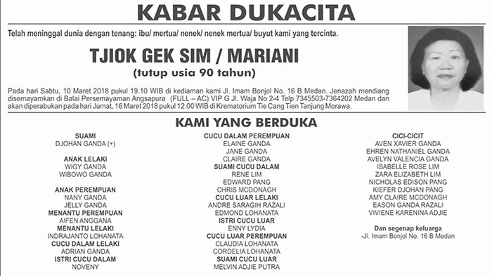 BERITA DUKACITA: Telah Meninggal dengan Tenang Tjiok Gek Sim - Tribun ...