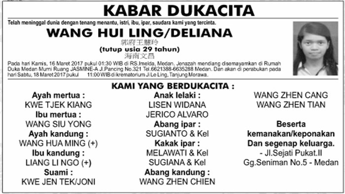 BERITA DUKACITA: Telah Meninggal dengan Tenang Wang Hui Ling - Tribun-medan.com