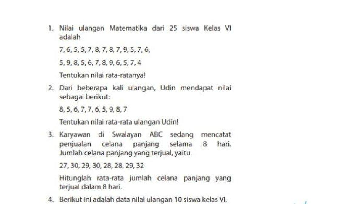 Soal & Kunci Jawaban Matematika Kelas 6 SD Halaman 182 183 Ayo Mecoba: Hitung Nilai Rata-rata ...