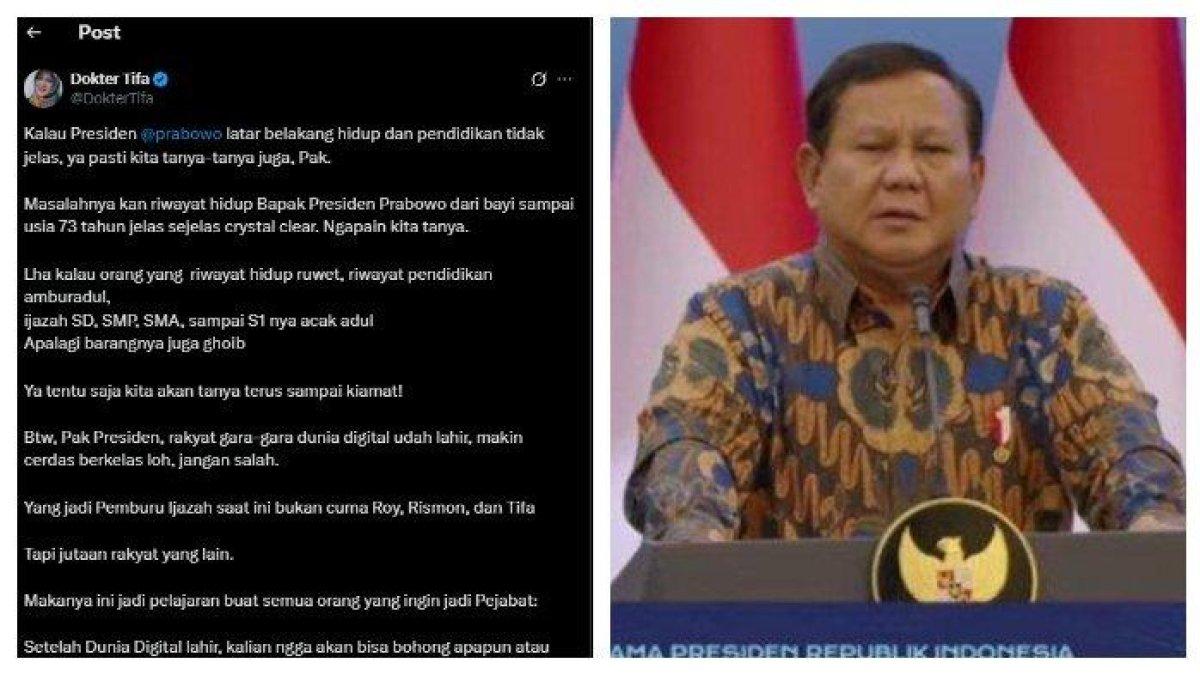 Dokter Tifa Yakin Tak Perlu Pertanyakan Ijazah Prabowo Seperti ke Jokowi: Riwayat Bapak Jelas ...