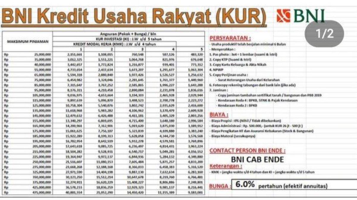Tabel Angsuran KUR BNI 2025, Cek Cicilan Pinjam Rp105 Juta, Ini Syarat & Dokumen yang Diperlukan ...