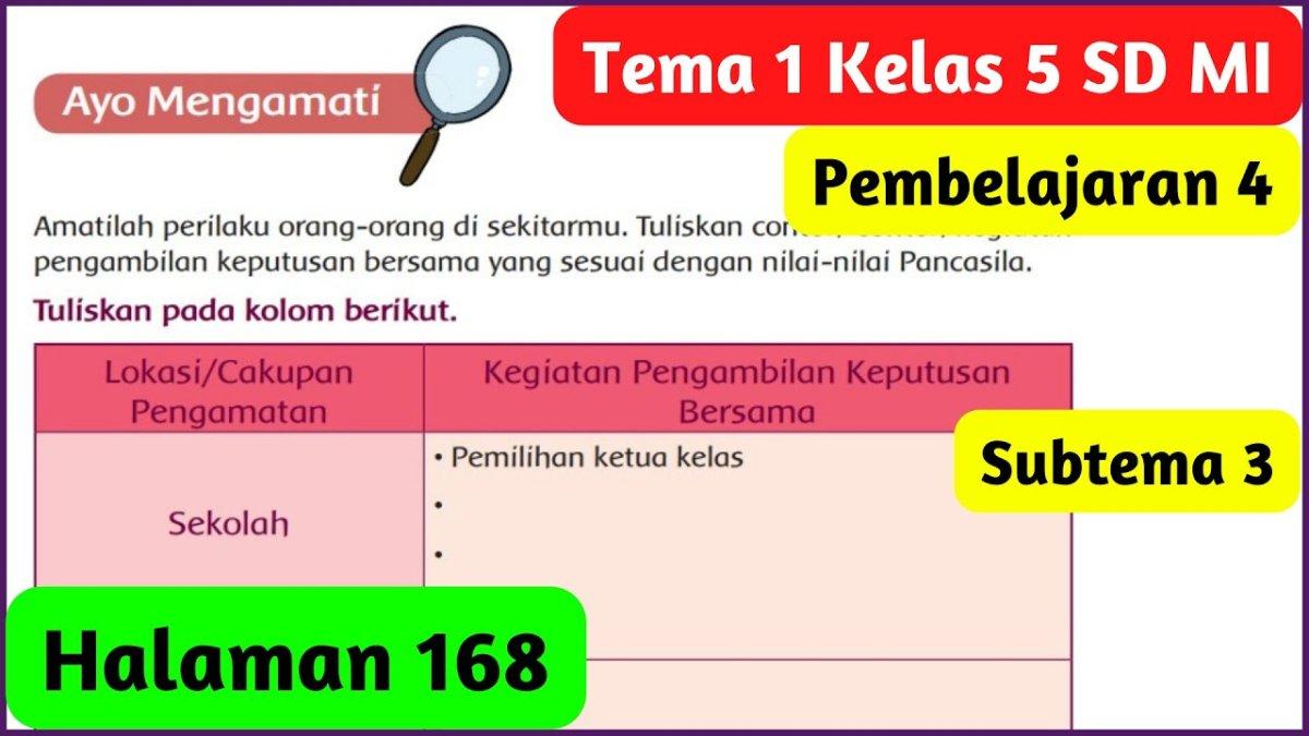 Soal & Kunci Jawaban Tema 1 Kelas 5 SD Halaman 168: Pengambilan Keputusan dengan Nilai Pancasila ...