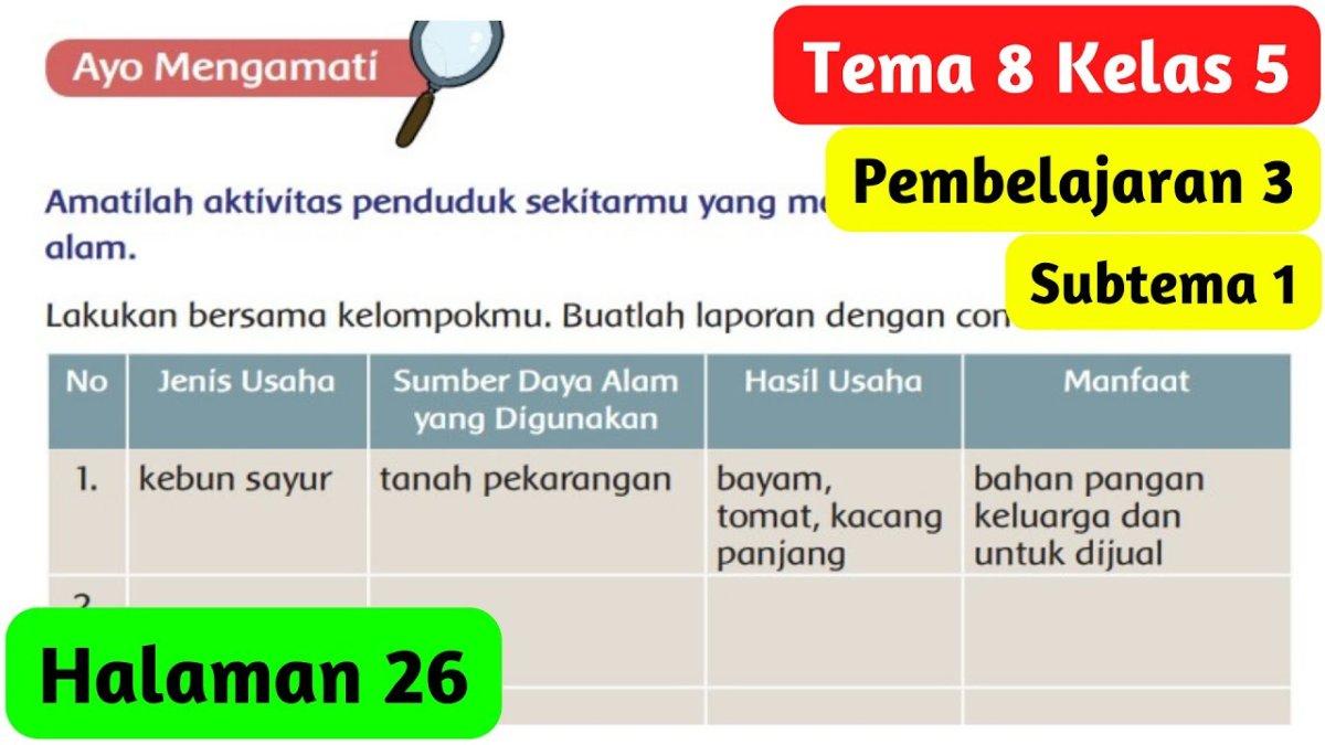 Soal & Kunci Jawaban Tema 8 Kelas 5 SD Hal 26: Aktivitas Penduduk yang Memanfaatkan Sumber Daya ...