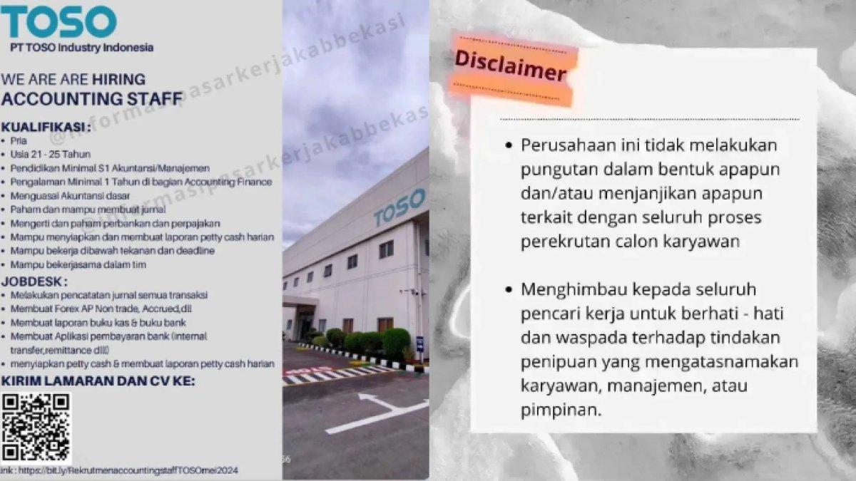 1 Tahun Pengalaman Boleh Mendaftar, PT Toso Industry Indonesia Buka ...