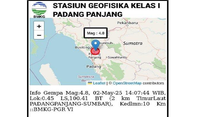 Siang Ini BMKG Catat Dua Gempa di Padang Panjang, Kekuatan Magnitudo 4,8 dan 3,9 di Lokasi yang ...