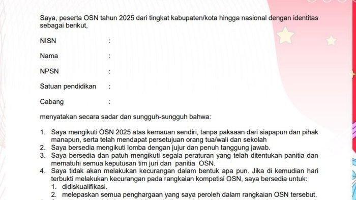 Contoh Pakta Integritas OSN 2025 SD, SMP, SMA Sederajat, Lengkap dengan Link Download Format PDF ...