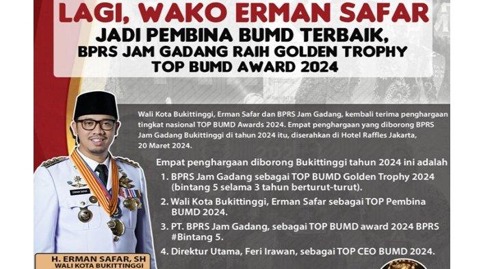 Wako Bukittinggi Raih Penghargaan Pembina BUMD Terbaik, BPRS Jam Gadang Raih Golden Trophy ...
