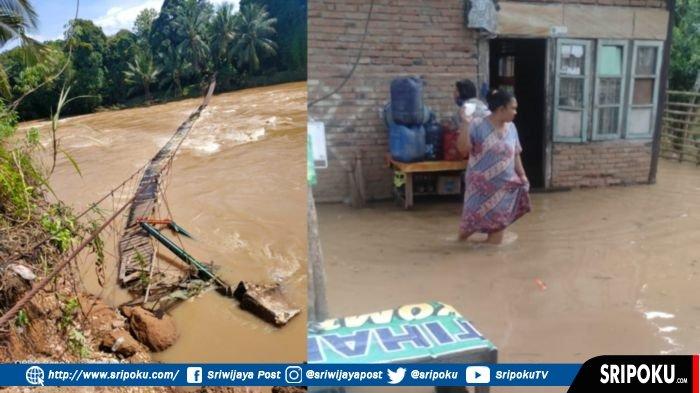 BANJIR DI OKU, Jelang Tengah Malam Sungai Ogan Meluap Ratusan Rumah Terendam, Jembatan Gantung ...