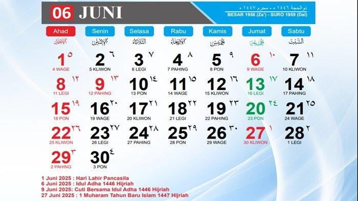 Kalender Islam Juni 2025 Lengkap dengan Libur Idul Adha 1446 H Hingga Jadwal Puasa Sunnah ...