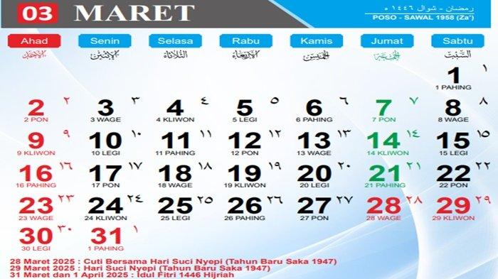 Kalender Bulan Maret 2025 Lengkap Link Jadwal Imsak dan Buka Puasa Se ...