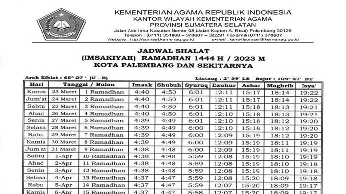 Link PDF Jadwal Imsakiyah Ramadan 1444 H/2023 Wilayah Palembang dan Sekitarnya, Bisa Unduh di ...