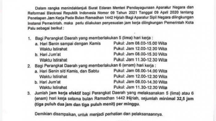 Wali Kota Palu Keluarkan Surat Edaran Jam Kerja, Ini Jadwal ASN di Pemkot Palu Selama Ramadan ...