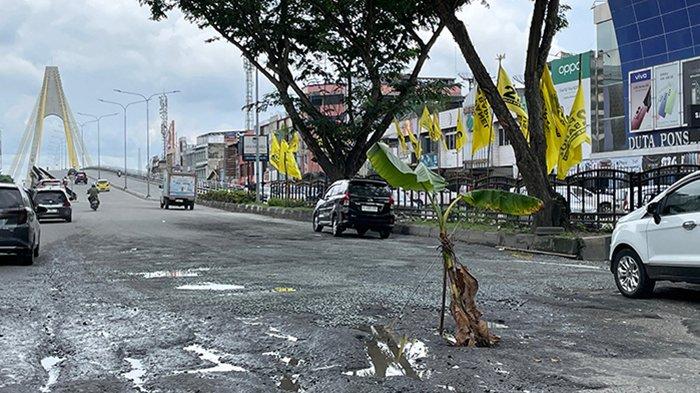 Jalan Sudirman Ujung Pekanbaru Rusak Tak Kunjung Diperbaiki, Warga Tanam Pohon Pisang ...