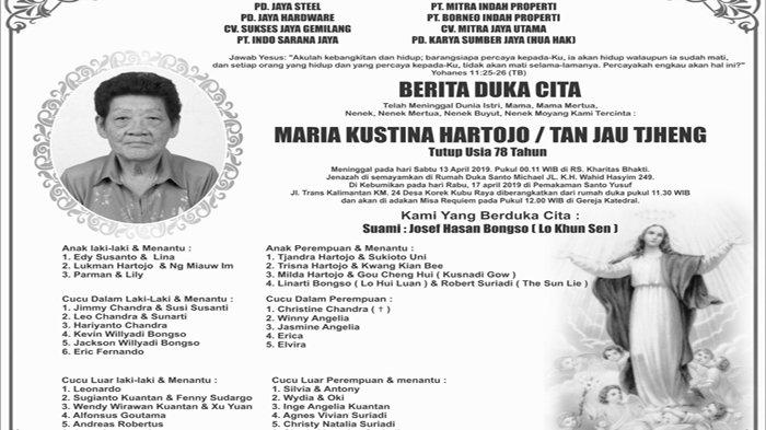 BERITA DUKA - Maria Kustina Hartojo Tutup Usia, Setahun Berjuang ...