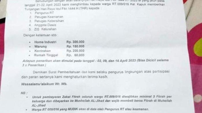 VIRAL, Cuitan Surat Edaran Permintaan Iuran dari RT Minta THR dari Warga, Patok 60 Sampai 300 ...