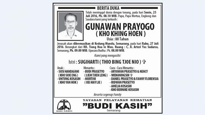 Berita Duka - Gunawan Prayogo (Kho Khing Hoen) - Tribunsolo.com