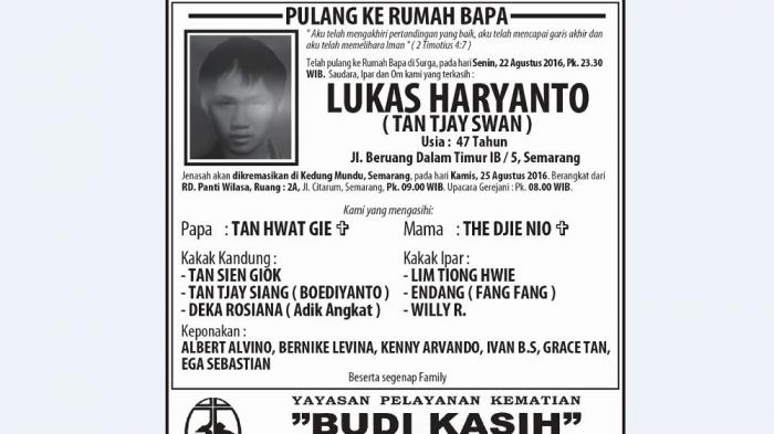 Pulang ke Rumah Bapa - Lukas Haryanto (Tan Tjay Swan) - Tribunsolo.com