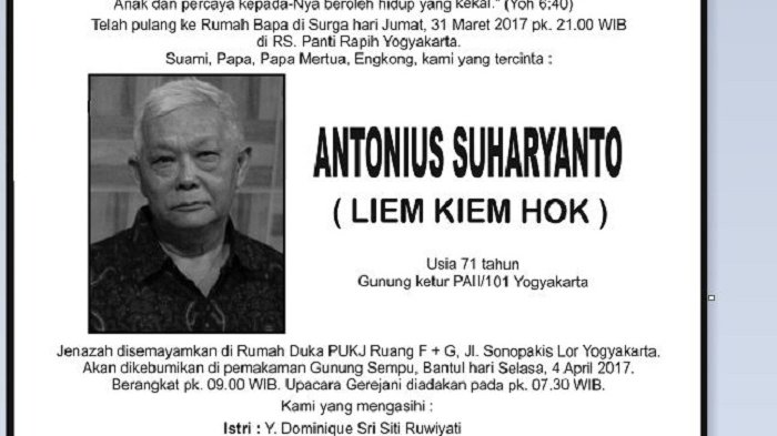 Berita Duka - Antonius Suharyanto (Liem Kiem Hok) - Tribunsolo.com