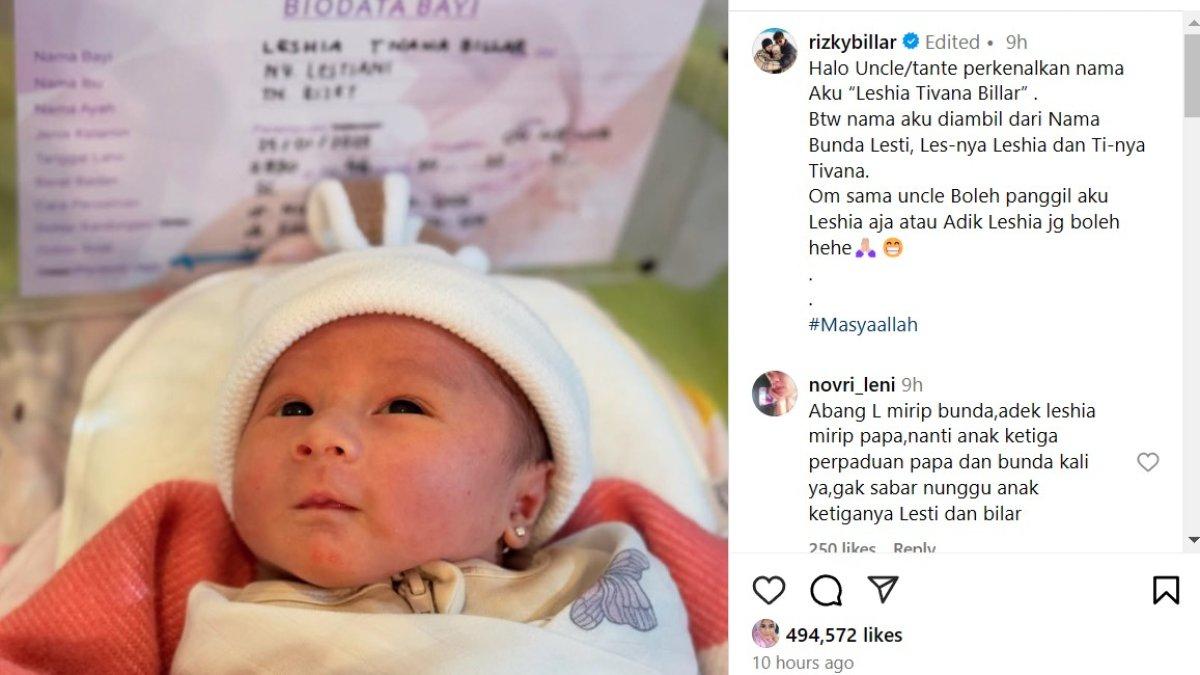 Potret Cantik Anak Kedua Lesti Kejora, Diberi Nama Leshia Tivana Billar, Rizky Billar Ungkap ...