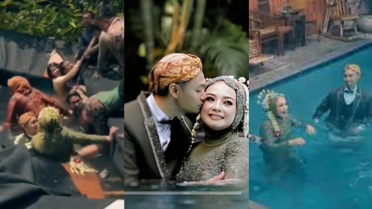 'Konsep Underwater' Pengantin Nyemplung Kolam Gegara Pelaminan Roboh, Santai Sesi Foto Basah ...