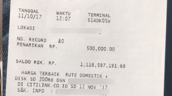 Struk ATM Saldo Sisa Rp 1 Miliar Sengaja Ditinggal, Komentar Netizen ...