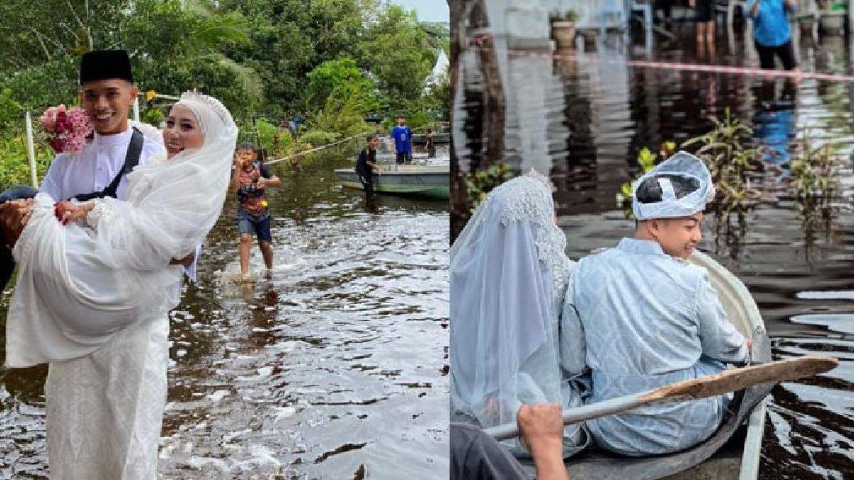 'Demi Mendiang Ibu' Pengantin Menggelar Pernikahan di Tengah Banjir Selutut, Video Naik Perahu ...