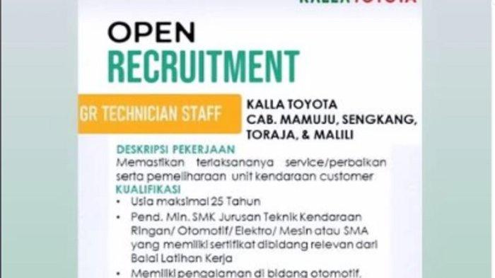 Loker Sulbar-Kalla Toyota Mamuju Butuh GR Technician Staff. Berikut Kualifikasi dan Cara ...