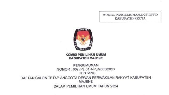 PENGUMUMAN Daftar Calon Tetap Anggota DPRD Kabupaten Majene Dalam Pemilu 2024 - Tribun-sulbar.com